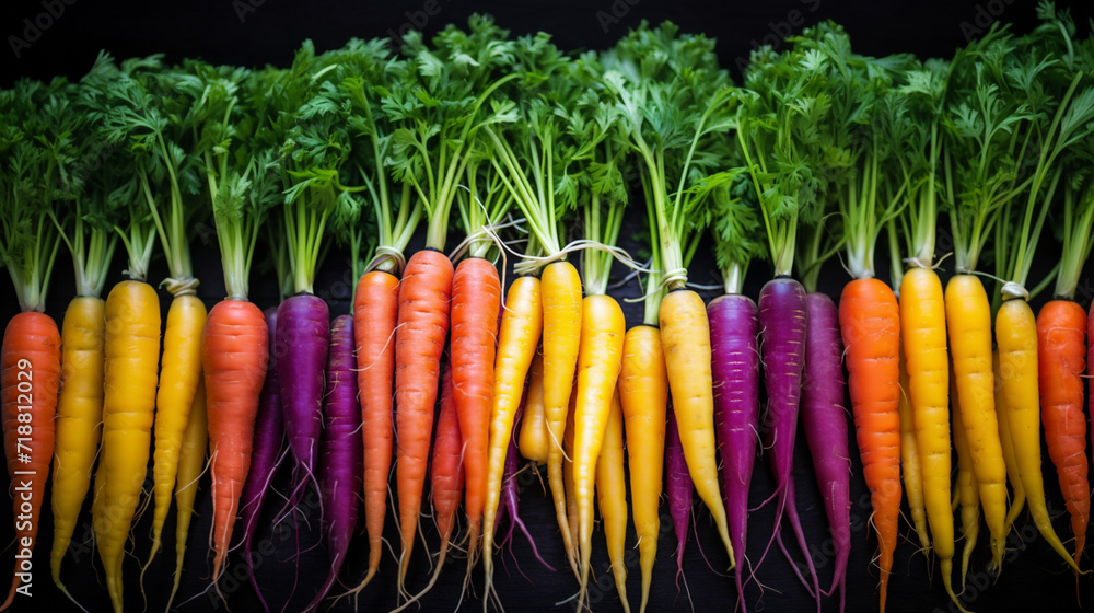 Vibrant carrots display a rainbow palette. From rich orange, yellow to ...