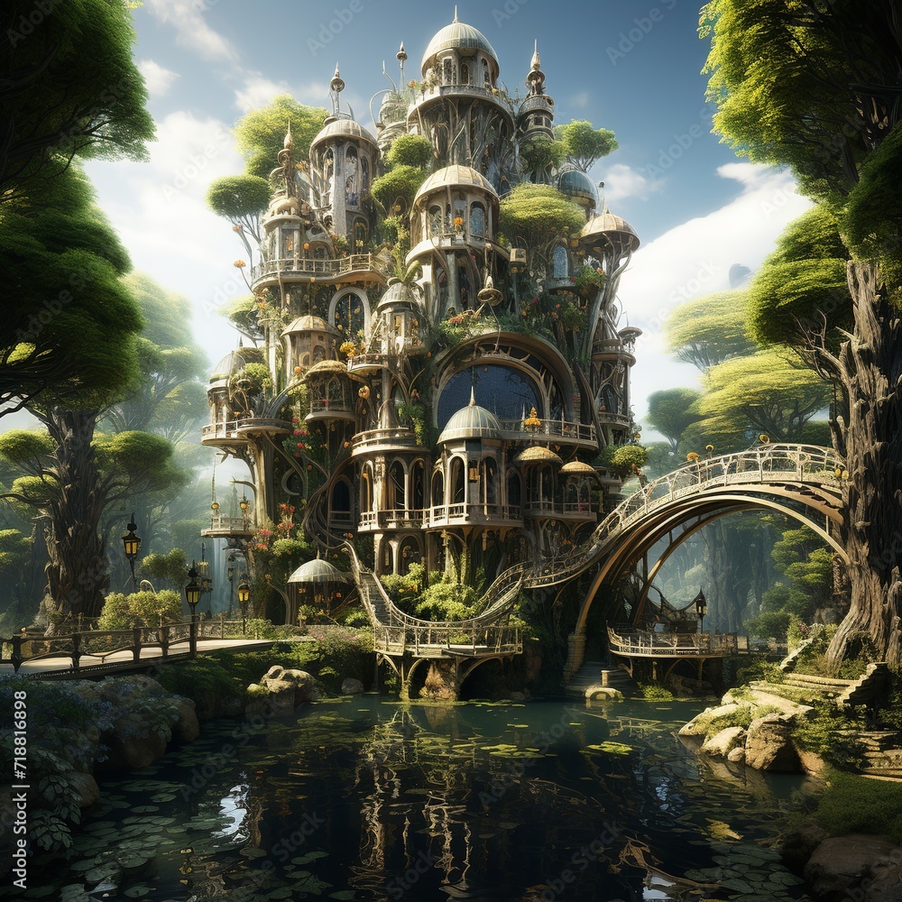 Pink magic castle on floating island in blue sky with fluffy clouds ...