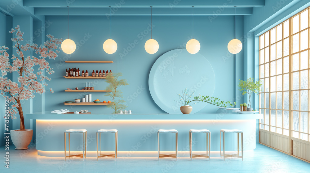Elegant Modern Blue Interior Bar Design with Cherry Blossom Tree and ...