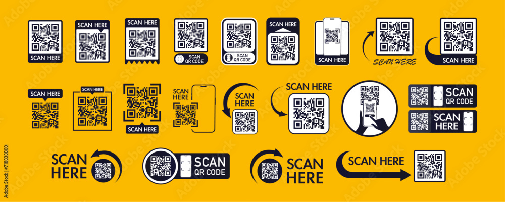 Vetor de Set of QR code scan icon and sticker for mobile apps and payments. QR code scan for ...