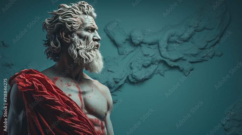 A statuesque mythical figure with a solemn expression, draped in a red ...