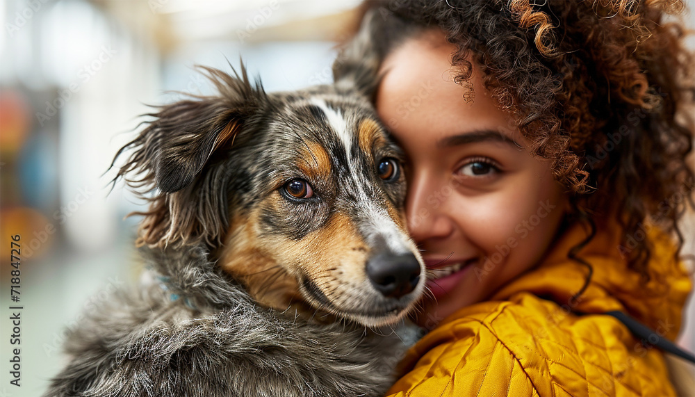 African American young woman embracing her dog. Pleased happy Afro girl ...