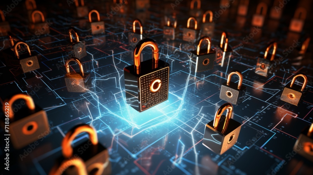Abstract representation of a secure data lockdown, digital locks and chains, tight control and ...