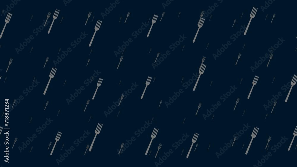 Forks float horizontally from left to right. Parallax fly effect. Floating symbols are located ...