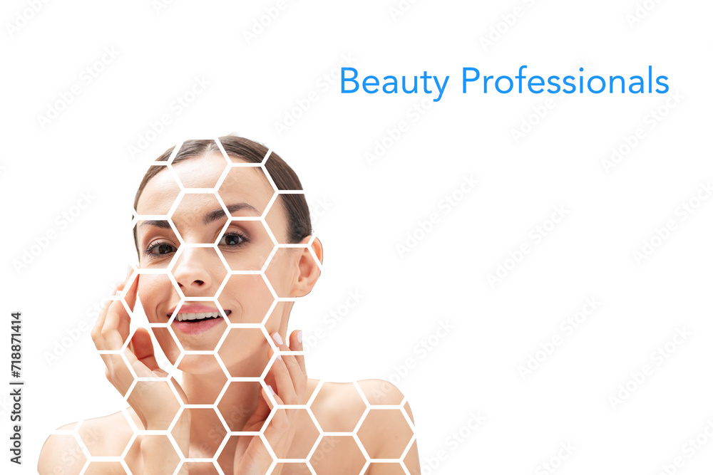 Smiling beautiful woman with holographic honeycomb on her face. Plastic ...