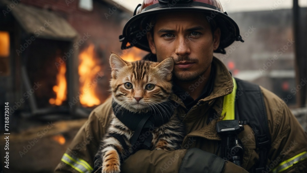 cat, fireman, fire, helmet, work, courage, kindness, fire, rescue ...