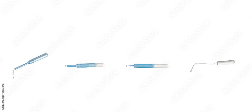 succession of a female tampon coming out of its capsule on transparent ...