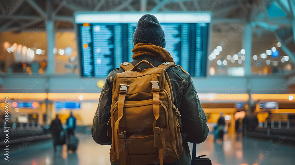 The traveler with backpack on his back looks at the transport schedule ...