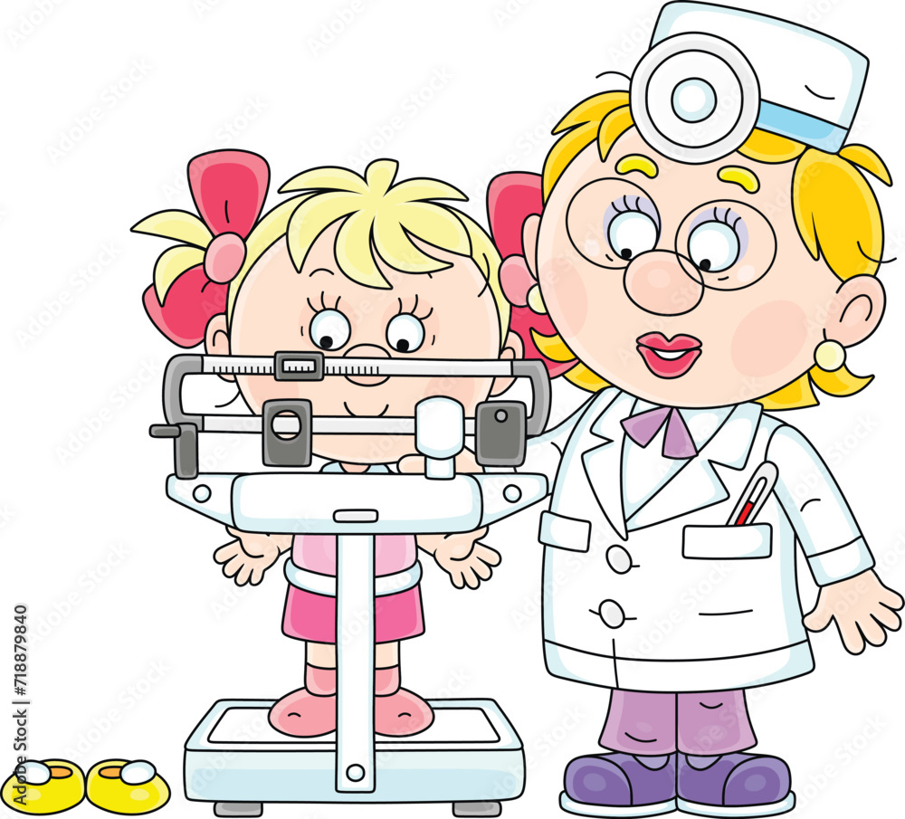 Doctor measuring a weight of a little girl on scales during a medical ...