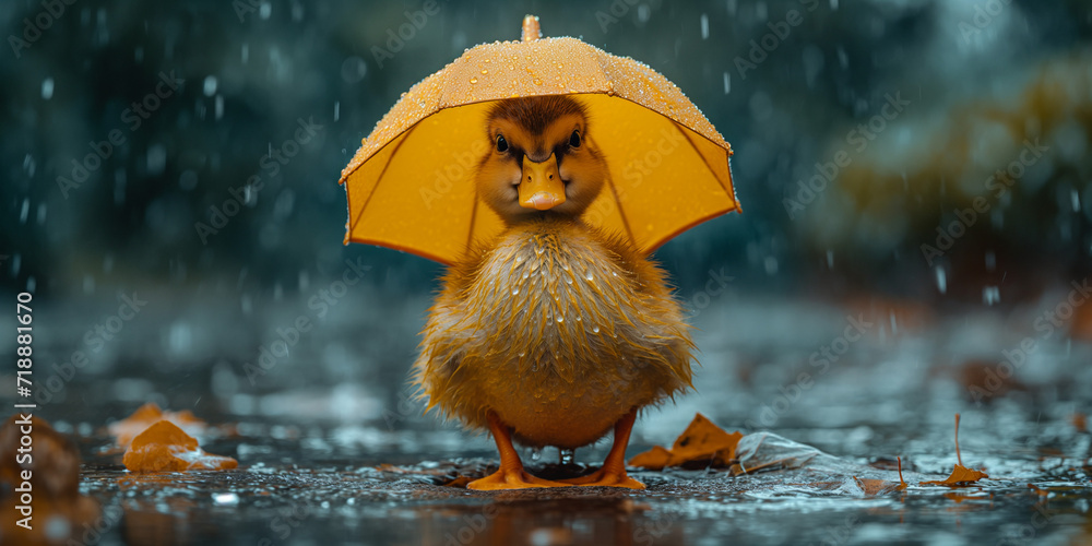 Traurige Ente mit Regenschirm und Regenkleidung im Regen als Cartoons ...