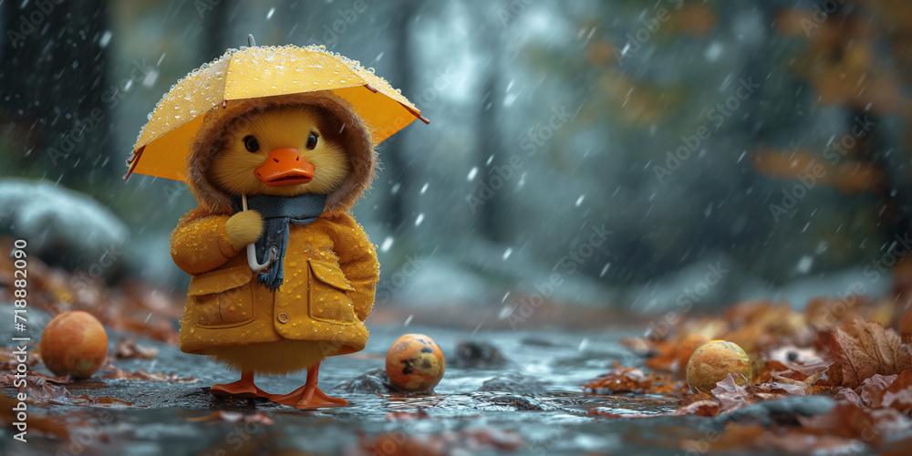 Traurige Ente mit Regenschirm und Regenkleidung im Regen als Cartoons ...