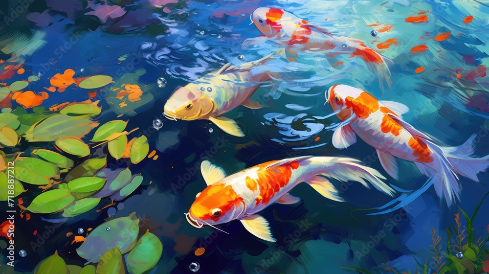 Painting of a group of koi fish with blue clear water and underwater ...
