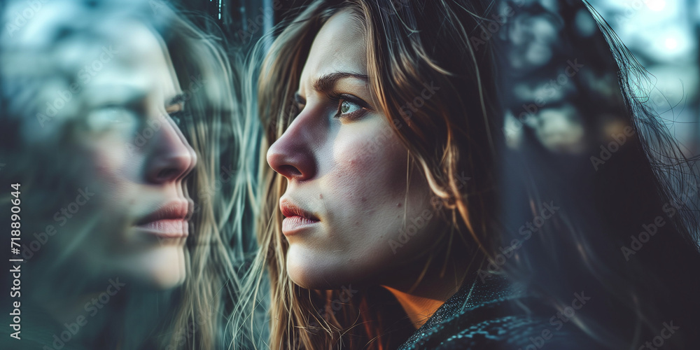 Reflective young woman gazes out, her image ghosted on cold glass, a ...