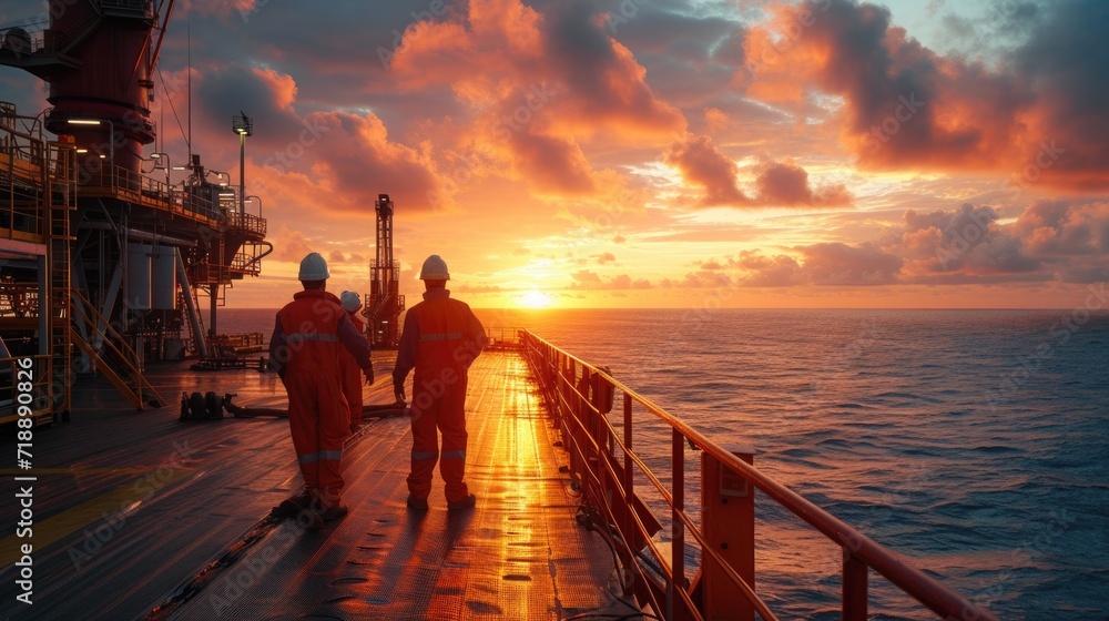 A team of engineers and technicians working meticulously on an offshore ...