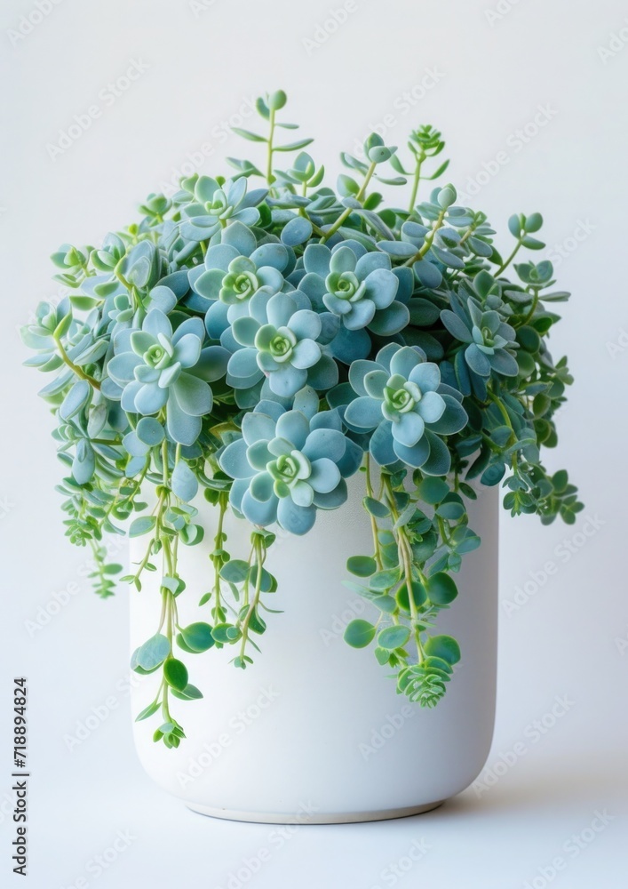 A white backdrop highlighting a 'Sedum morganianum', its trailing stems ...