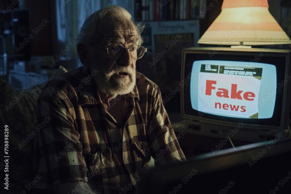 Old man wathing in TV news with anxious and scared face expression ...