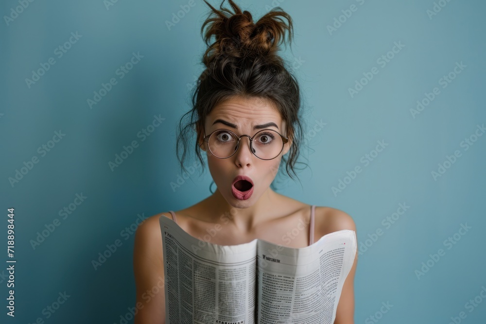 Pretty woman reading tabloid newspaper with anxious and scared face ...