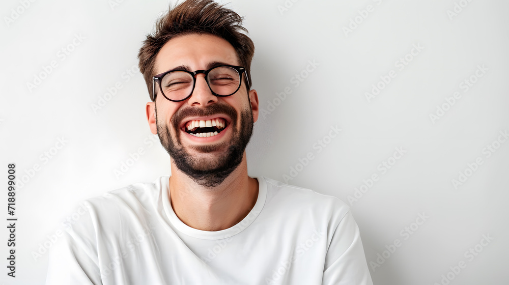 Very happy laughing man with glasses in front of white background with ...
