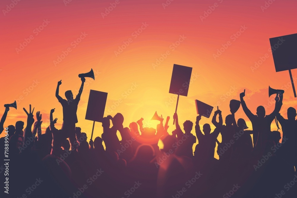 silhouettes of crowd protesters people with banners and megaphones ...