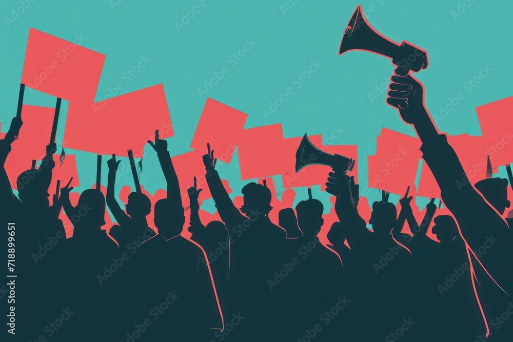 silhouettes of crowd protesters people with banners and megaphones ...