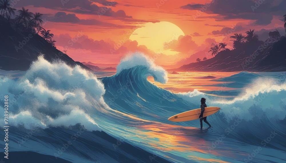 person surfing in the big waves of a moody blue ocean, colorful sunset ...