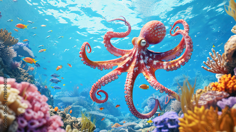 octopus, swimming, underwater, ocean, colored, coral reefs, marine life ...