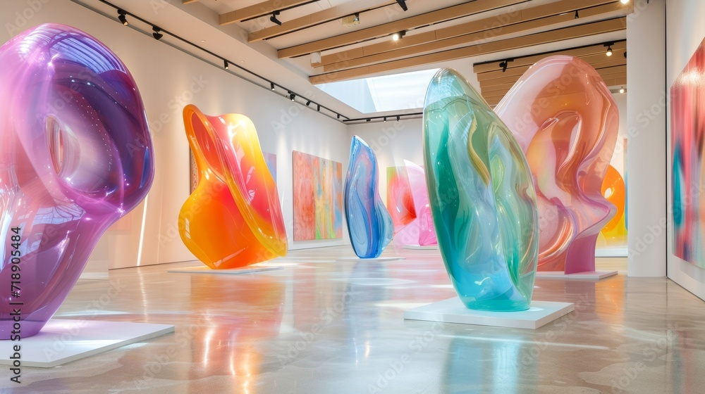 A vibrant gallery space filled with intricate sculptures, each one a ...