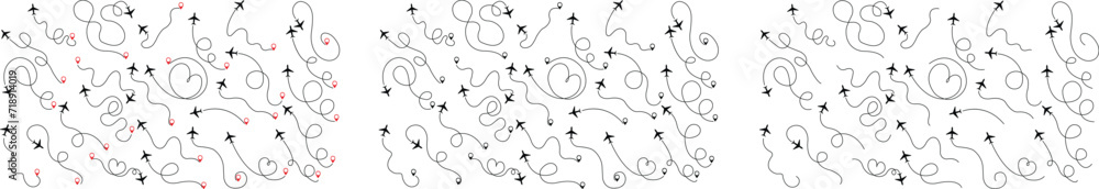 Travel concept from start point and line tracing icon set. Airplane or ...