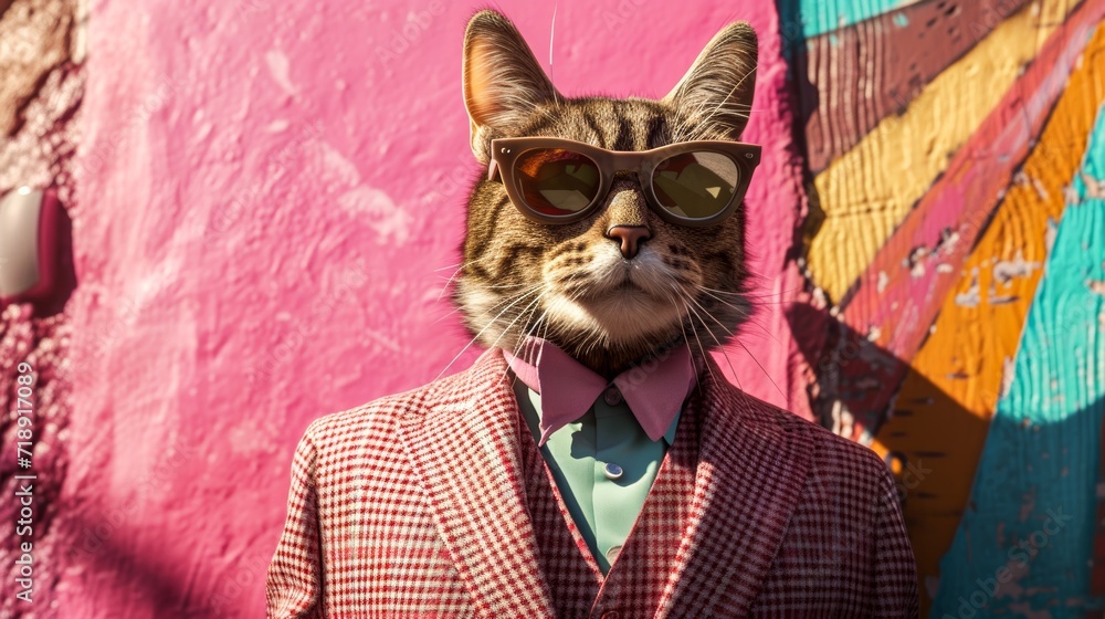 A dapper feline dons a striped suit and cool shades, exuding confidence ...
