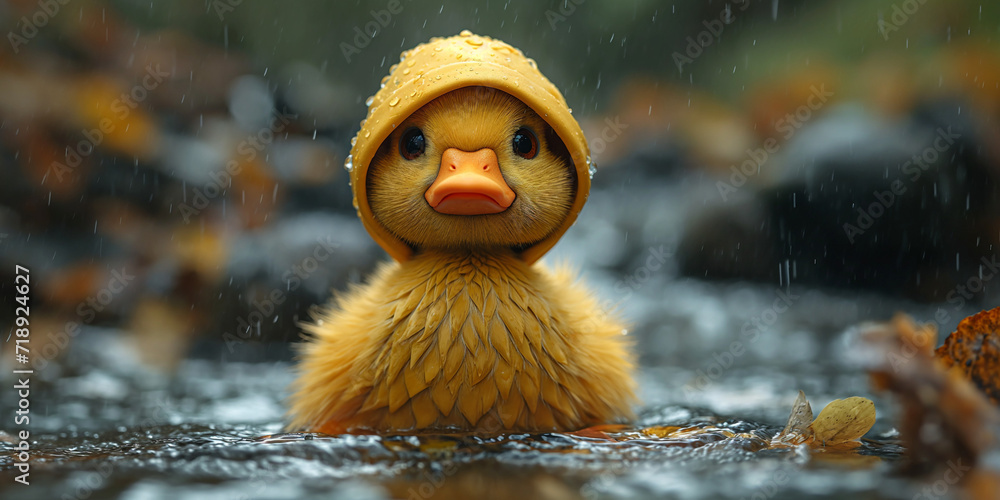 Süße Ente mit Regenschirm und Regenkleidung im Regen schaut traurig als ...