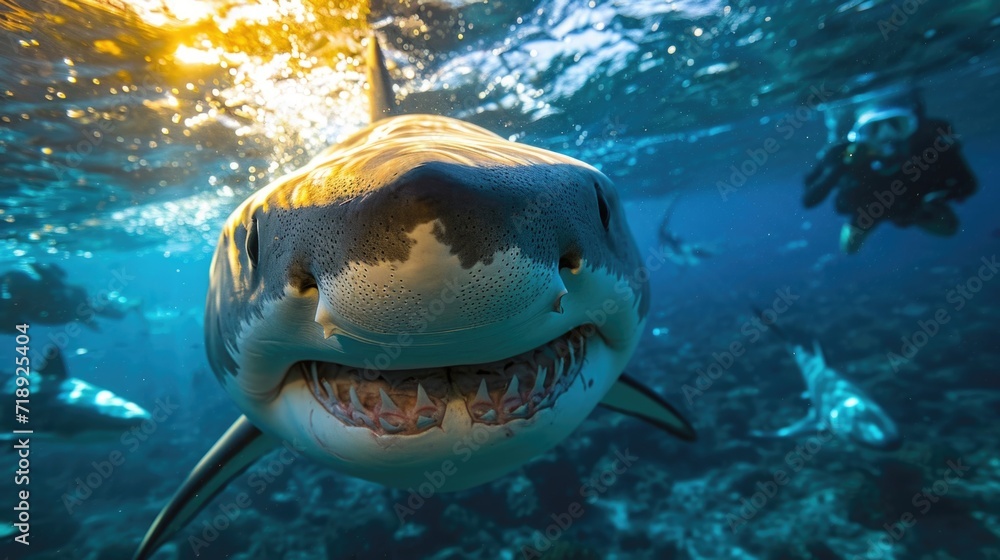 Menacing beauty: underwater world with the shark predator, a ...
