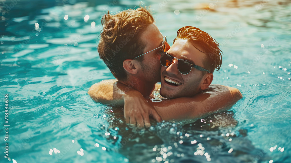 Gay couple wearing sunglasses relaxing in swimming pool or in a sea ...