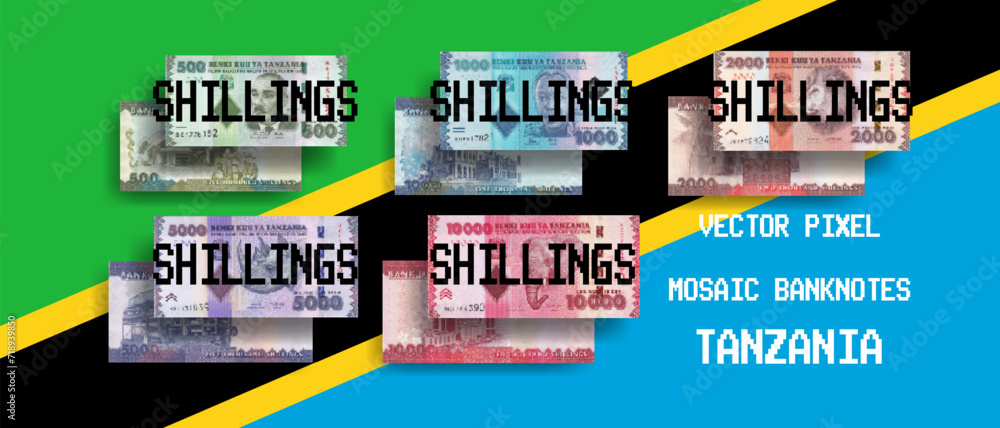 Vector set of pixel mosaic banknotes of Tanzania. Collection of notes ...