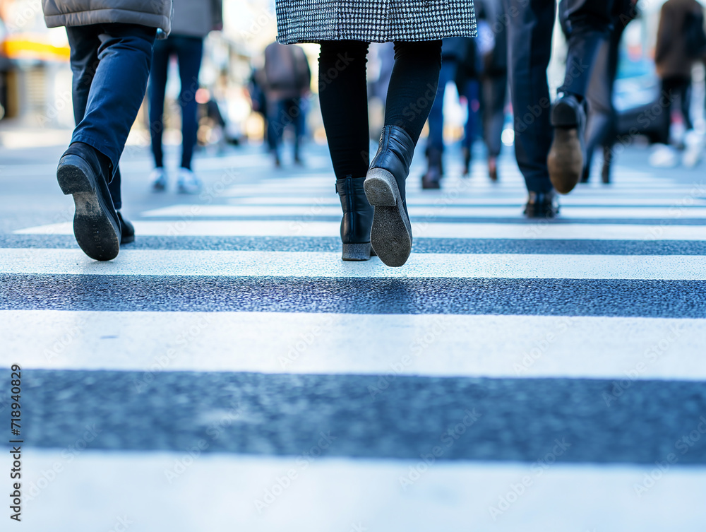crowd of people crossing the street on a crosswalk, People's feet ...