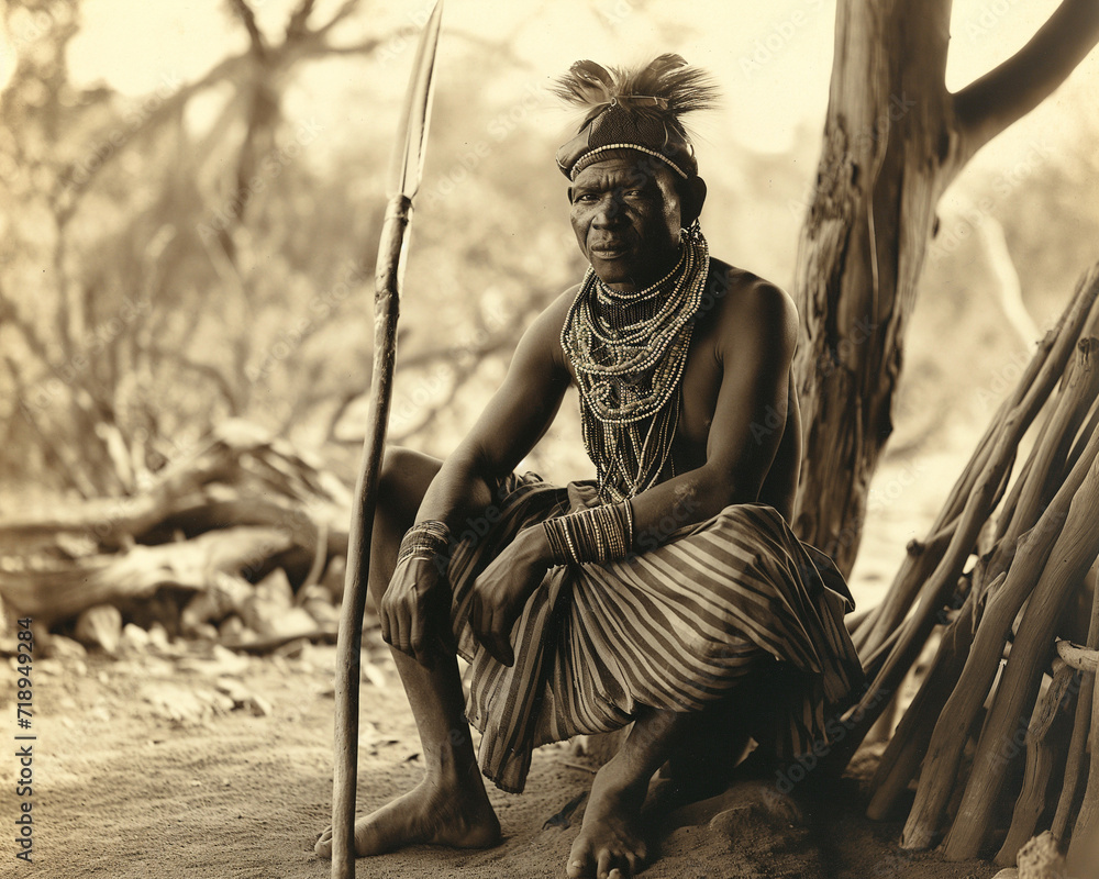 Vintage Monochrome Photograph of a Bushman in Traditional Attire ...