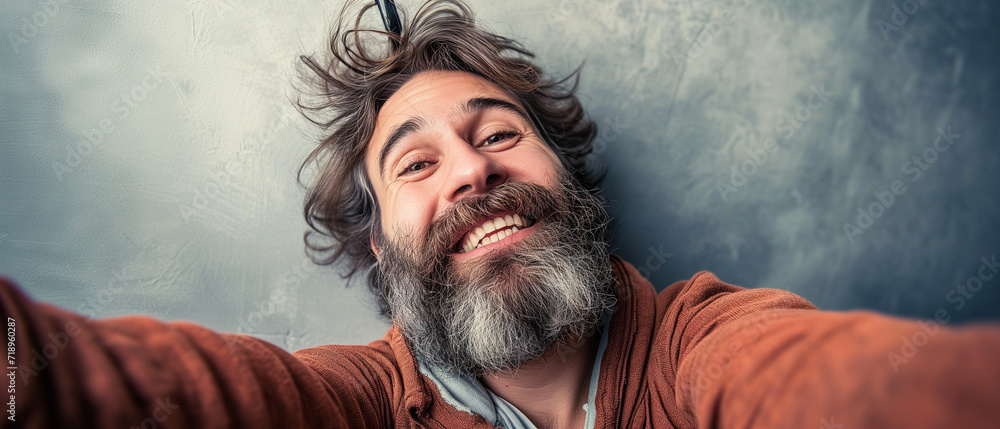 Joyful Bearded Man Taking a Selfie: Embracing Happiness with a Wide ...