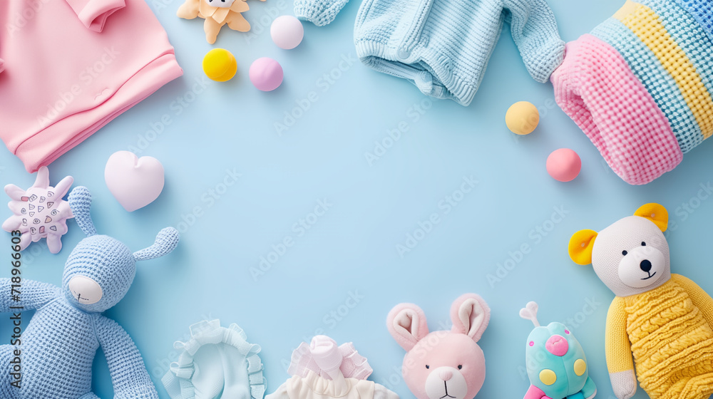 Flat lay composition top view of kids clothes and dresses with empty ...