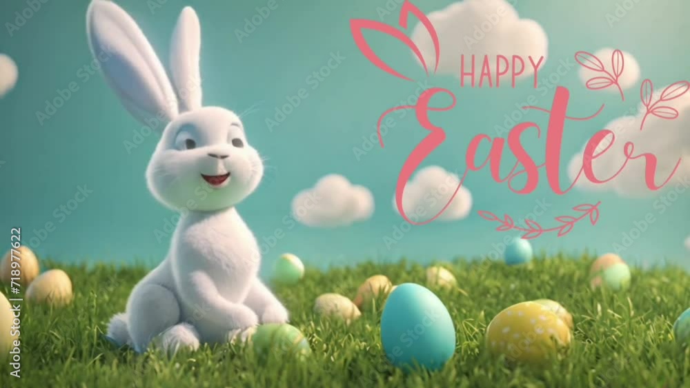 Animated video of easter bunny with easter eggs playing in garden with ...