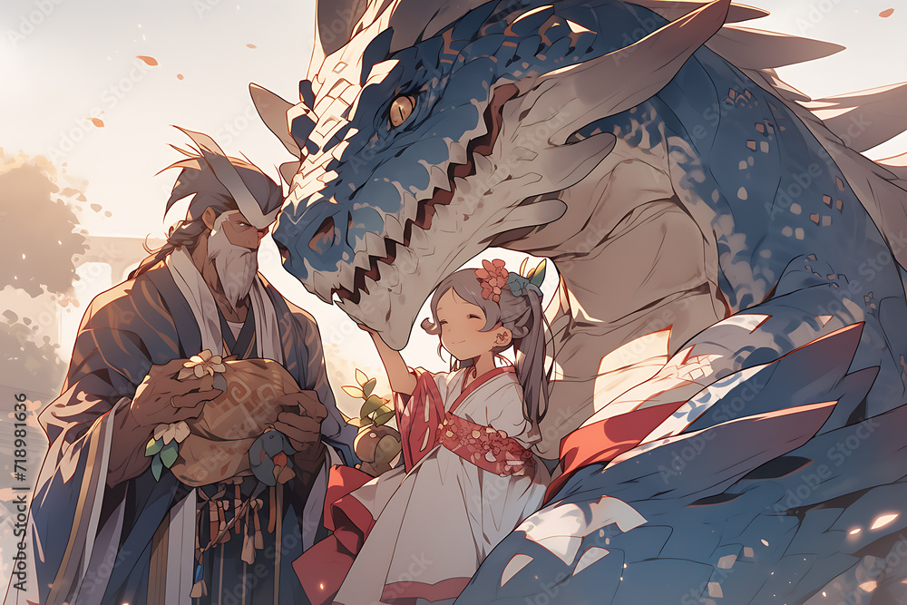 A majestic dragon stands beside a fearless man, embodying power ...