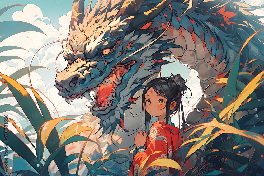 A majestic dragon stands beside a fearless man, embodying power ...