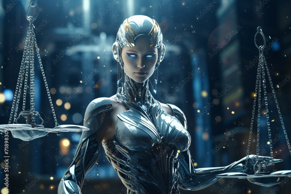 AI judge. AI in image of goddess Themis. Robot or cyborg woman with ...