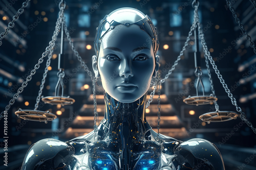 AI judge. AI in image of goddess Themis. Robot or cyborg woman with ...