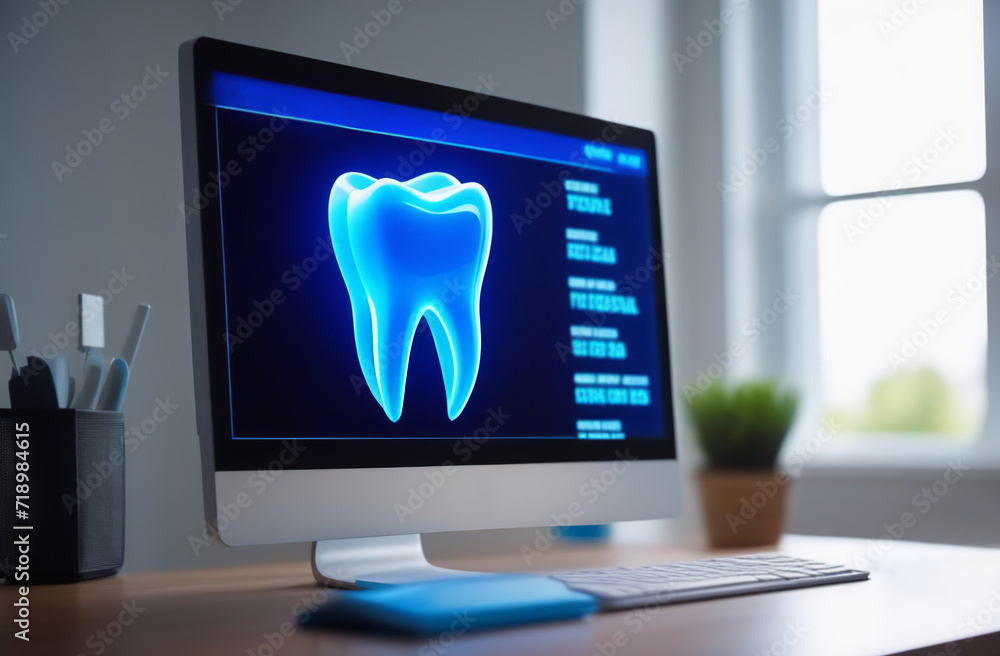Computer screen with neon blue digital print of tooth. Close up PC ...