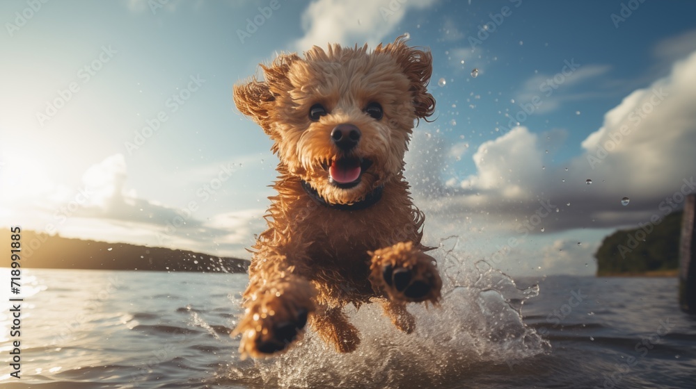 Close up photo of a happy poodle dog puppy bathing jumping to the water ...