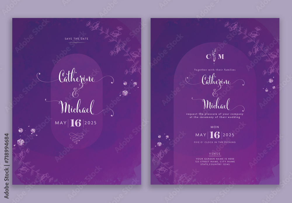 Purple Color Floral Wedding Invitation Card in Front and Back Side ...