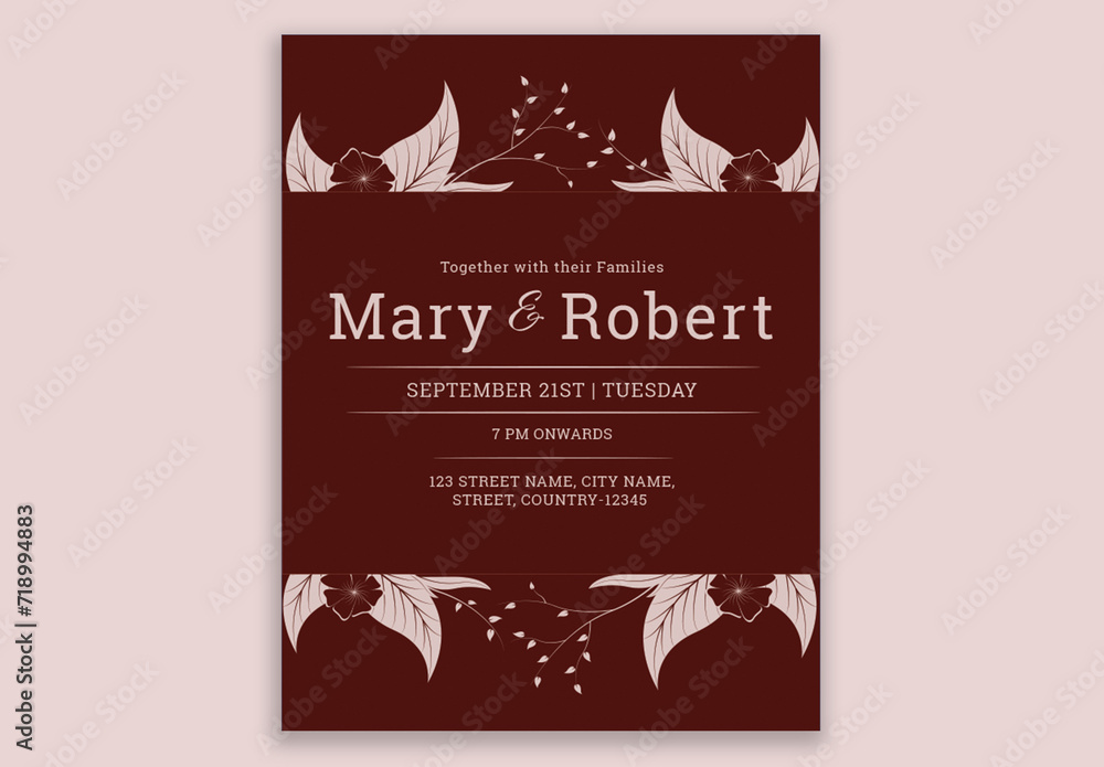 Creative Floral Wedding Card Template Layout with Event Details in Dark ...