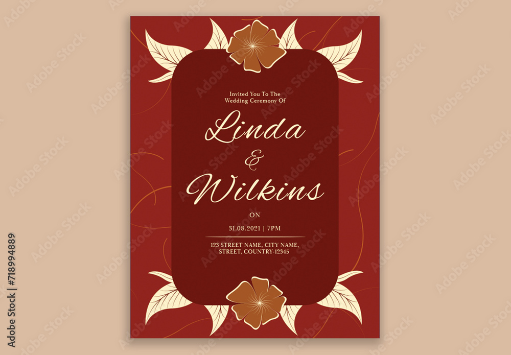 Wedding Invitation Card Decorated with Floral in Red Color. Stock ...