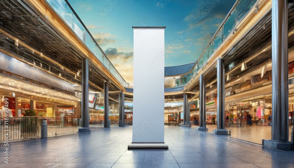 roll up mockup poster stand in an shopping center or mall environment ...