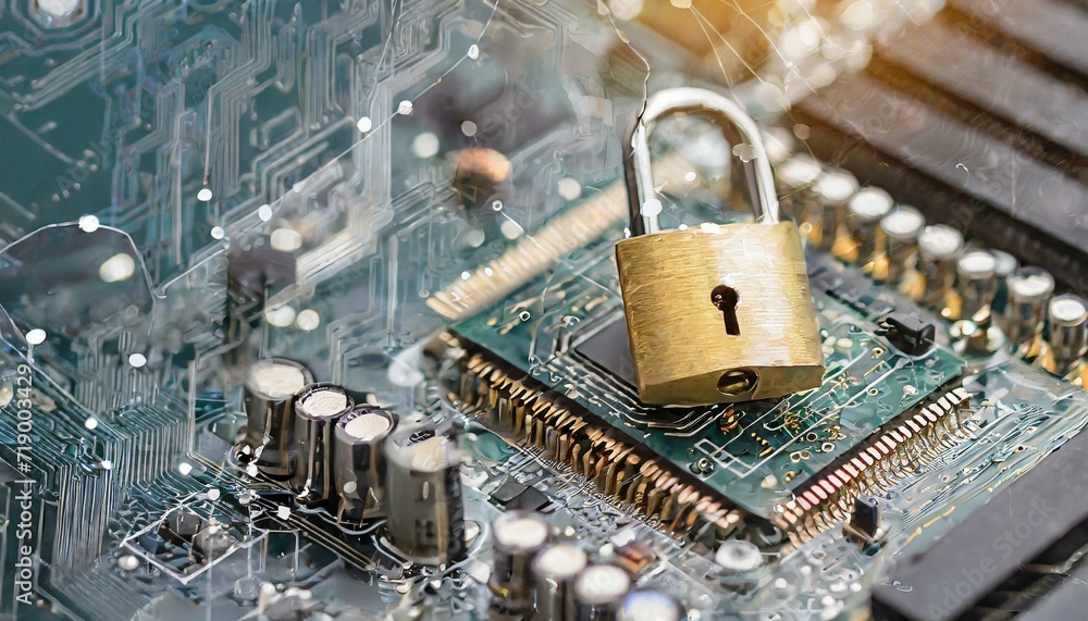 Secure Connection Or Cybersecurity Service Concept Of Compute Motherboard Closeup And Safety