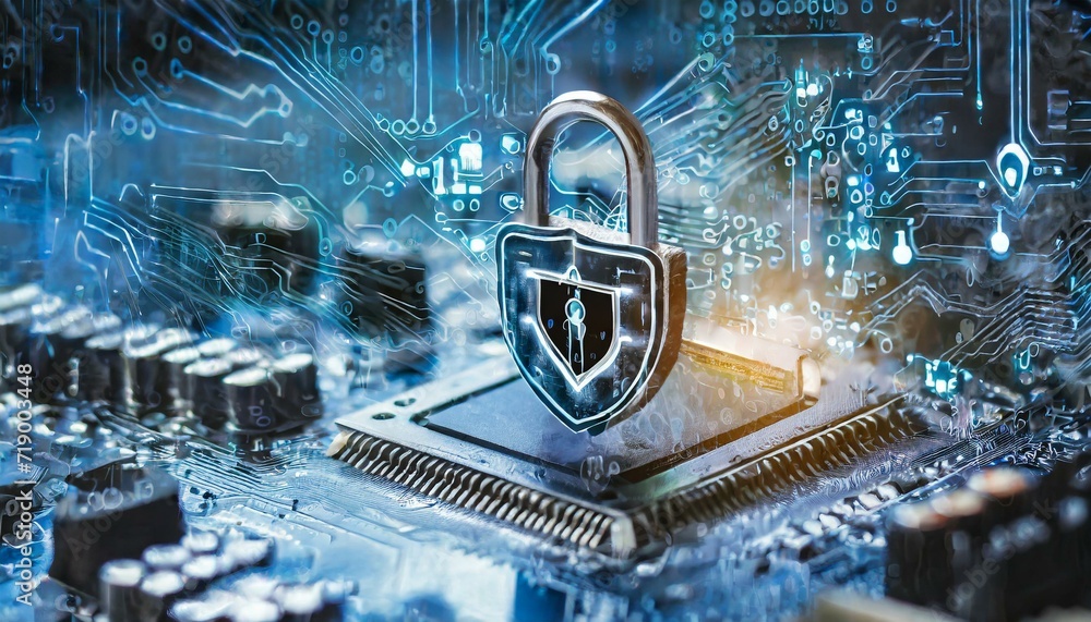 Secure Connection Or Cybersecurity Service Concept Of Compute Motherboard Closeup And Safety